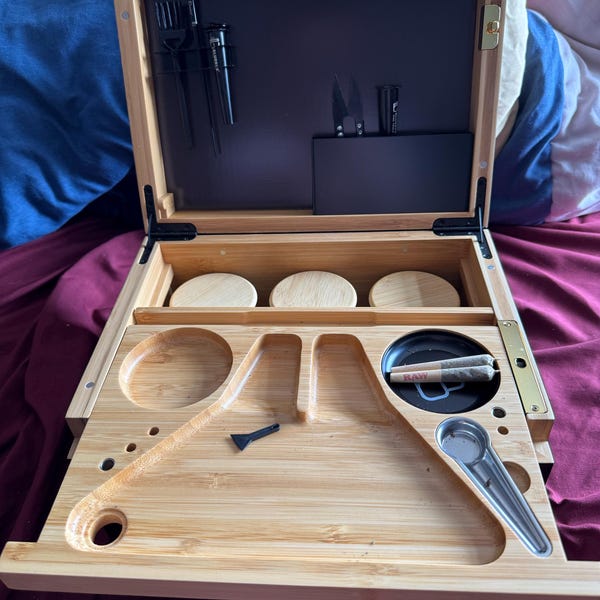 BLAZE Wooden Rolling Tray Set With Carry Case, Grinder, Brush, Stash ...