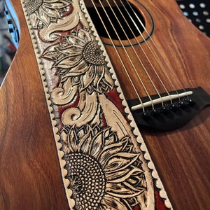 Tooled Southwestern Compass Rose, Moon, Sun Black Leather Guitar Strap ...