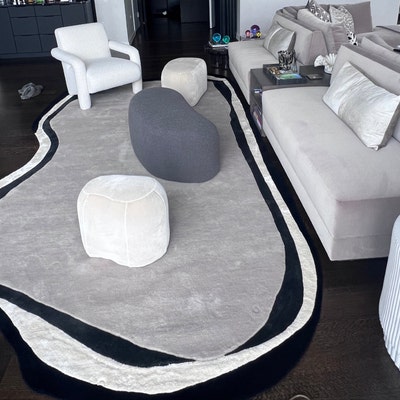 Ivory Beige Color Minimalist Modern Abstract Handmade Textured Woolen ...