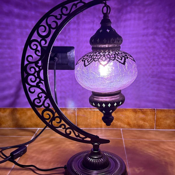 Vintage Turkish Moon Table Lamp With Cracked Glass - Exquisite Moroccan ...