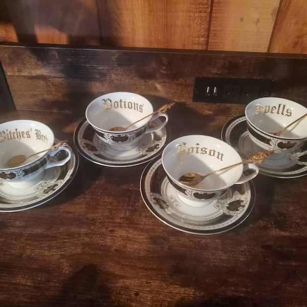 Four 22k Gold Spooky Halloween Potion/spells/witches Brew/poison Teacup ...