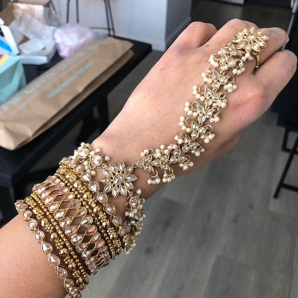 Pair of Antique Gold Indian Asian Hand Pieces Panja Bracelet Hath Phool ...