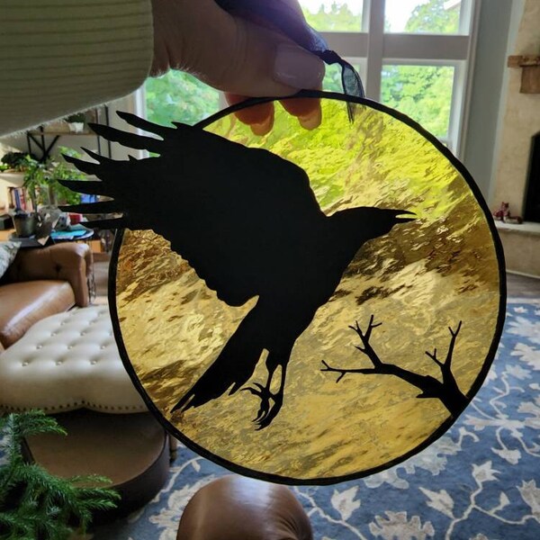 Raven Silhouette on the Stained Glass Moon Halloween Suncatcher Window ...