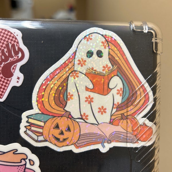 Ghost Reading Sticker | Retro Spooky Book Sticker | Holographic ...