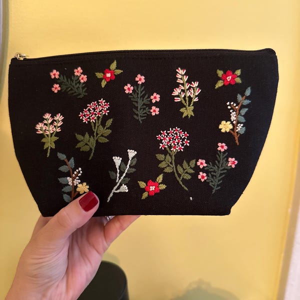 Hand Embroidered Makeup Bag With Flower Embroidery, Floral Cosmetic Bag ...