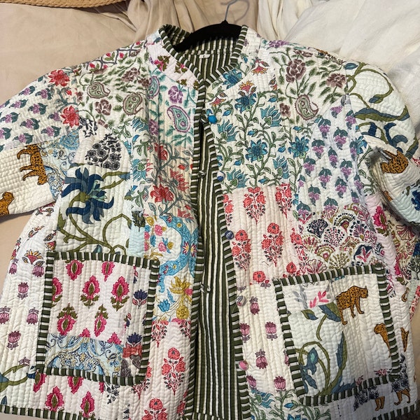 Tigre Print Patchwork Jacket, Indian Handmade Burfi Quilted Coat, Reversible Kantha Jacket ...
