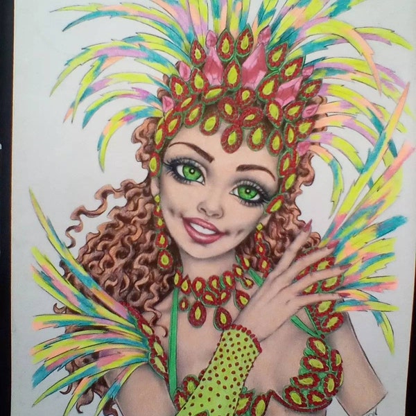 Samba Dancer Coloring Page GRAYSCALE Rio Carnival Female Illustration ...