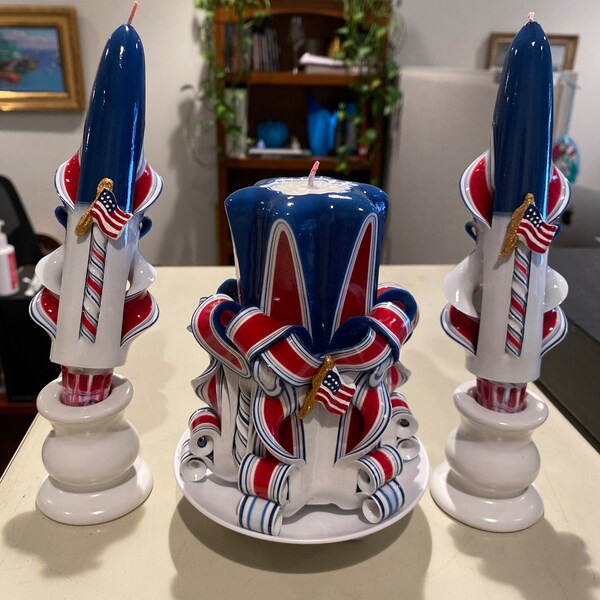Hand-carved Patriotic Candle Set With Flag Accents - Etsy