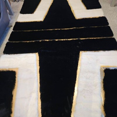 Plush Area Black White Gold Soft Rug, Faux Leather Rug, Living Room ...