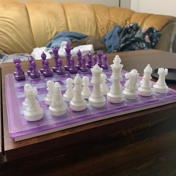 CHESS SET Bubble Gum Glow-in-the-dark Resin Handmade Chess Set Optional Tabletop Base Free ...