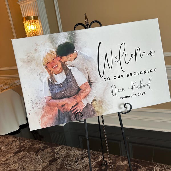 Wedding Welcome Sign Watercolor Couple Portrait,, Photo Wedding Sign ...