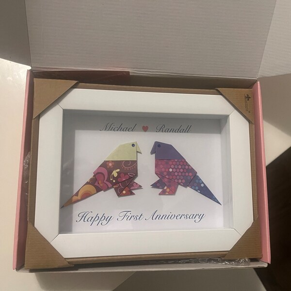 Personalized Origami Lovebirds First Anniversary Gift Paper Theme. 5”x7” White Shadow Box Frame ...