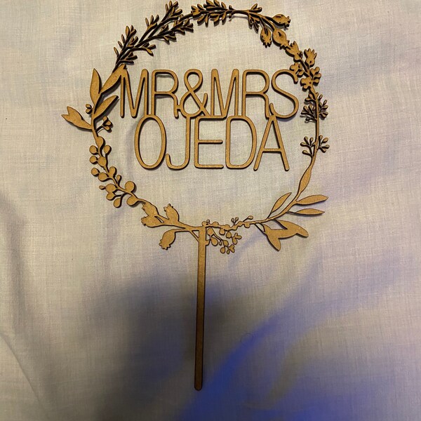 Floral Wreath Wedding Cake Topper - Personalised Wooden Cake Topper (x5 ...