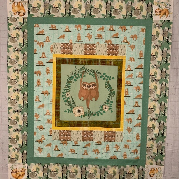 Quilt Sloth Nursery Fabric - Sloth Cheater Quilt – Patchwork Blanket ...