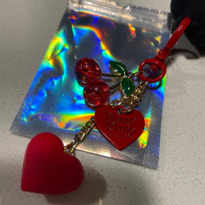 Pink Cherry Keyring With Heart Clasp, Cute Heart Keychain, Keychain ...