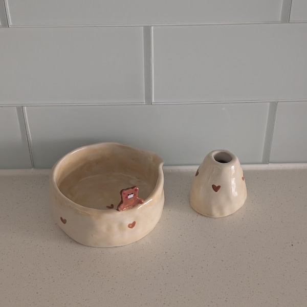 Handmade Ceramic Teddy Bear Matcha Set | Cute Chawan, Aesthetic Pottery ...