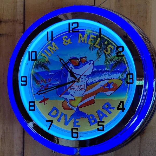 Shark Dive Bar 19 Neon Clock, Dive Shack Bar Customized Neon Clock ...