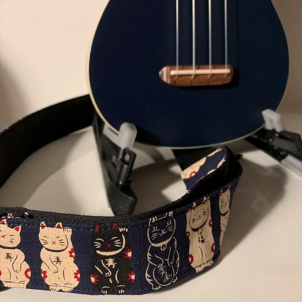 Personalized Lucky Cat Ukulele Strap With Leather Ends | Red Ukulele ...