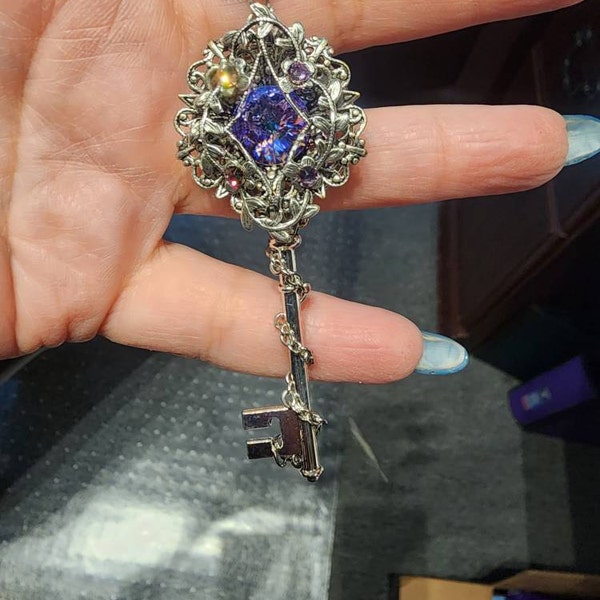 Sterling Silver Elven Key Necklace: Swarovski Crystal Floral Fantasy ...