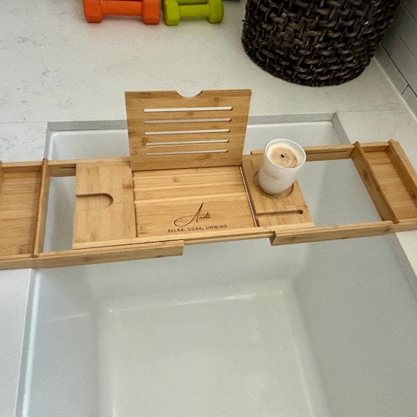 Personalised Bamboo Extendable Bath Caddy Tray, Engraved Adjustable ...