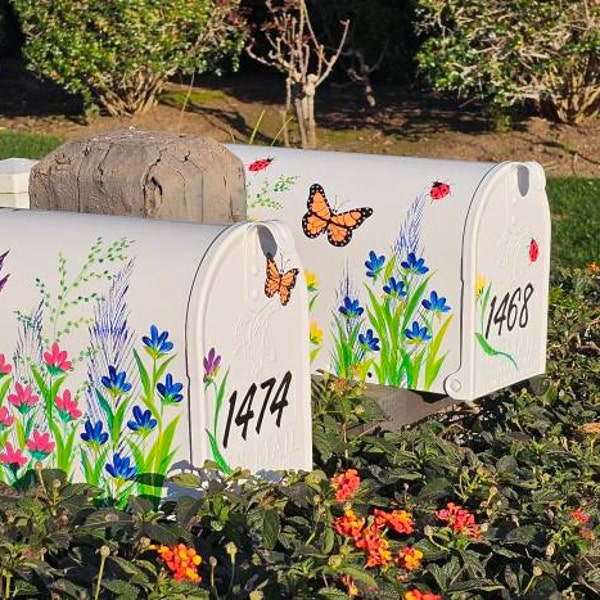 Blue Stripe With Floral Paint Metal Mailbox, White Standard Medium ...