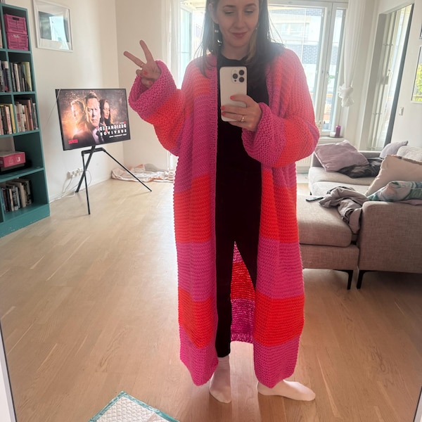 Striped Boho Woman Maxi Cardigan, Handmade Mohair Luxury Coat, Pink ...