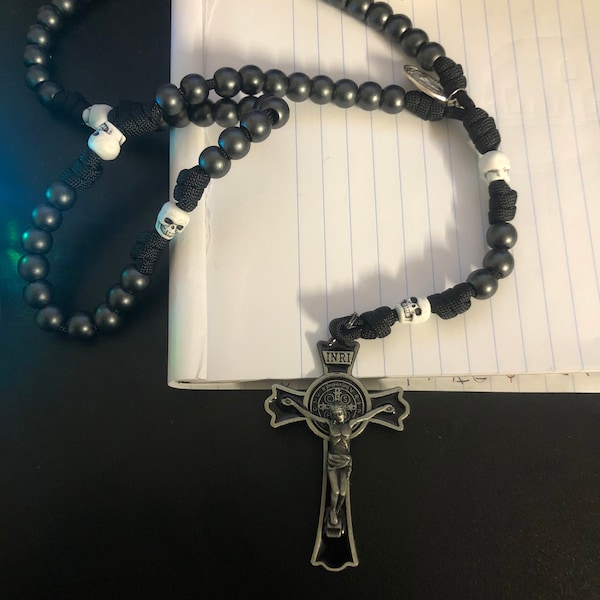 Skull Catholic Rosary Memento Mori. Acrylic Black Gloss 10mm Beads ...