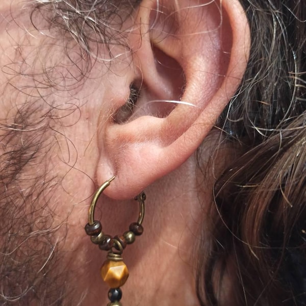 Mens Hoop Wooden Beaded Earring- Tribal Ethnic Gemstone Earring for Men ...