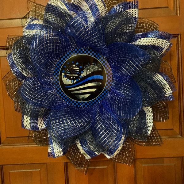 8" Round Blue Line Wreath Sign, Back the Blue Wreath Sign, Personalize ...