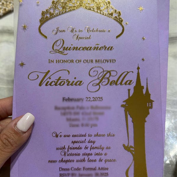 Rapunzel Quinceanera Invitation: Gold Crown, Lilac Envelope, Sweet 16 ...