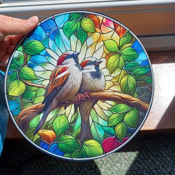Metal Sparrow Sign in Faux Stained Glass Effect - Vibrant Garden Décor ...