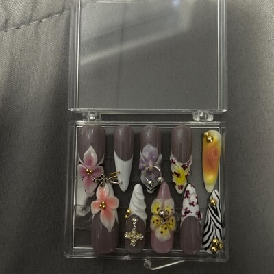 Freestyle 3D Pink & Purple Chrome Long Almond Press on Nails, Cute ...