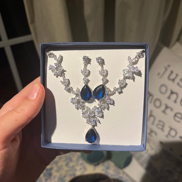 Navy Blue Bridal Jewelry Set Sapphire Blue Bridal Earrings CZ Necklace ...
