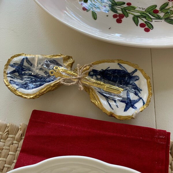Oyster Chinoiserie Salt and Pepper Set With Golden Spoons Oyster Salt ...