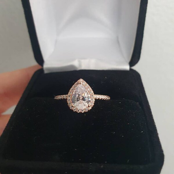 Rose Gold CZ Pear Engagement Ring - Pear Cut Ring - Pear Halo Ring ...