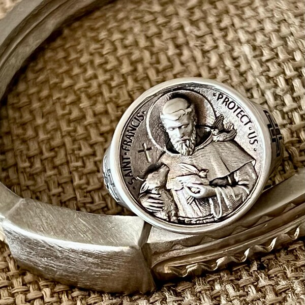 Personalized Silver Saint Francis Ring, Handmade Savior Men Ring ...