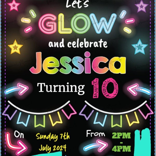 Personalised Neon Disco Party Invitations UV Glow Custom Invites Girl ...
