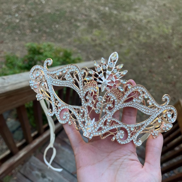 Masquerade Mask Luxury Crystal, Rhinestone Eye Gold Mask, Elegant Party ...