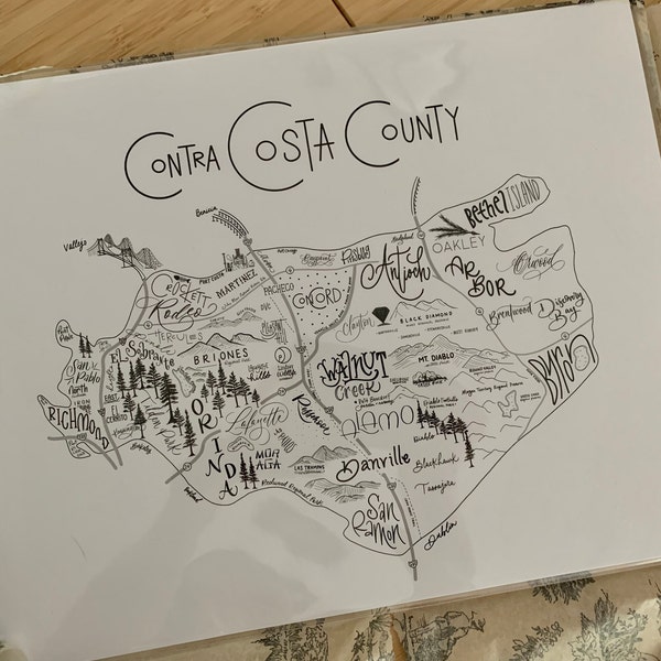 Contra Costa County Map Print - Handlettered - Map of East Bay Area ...