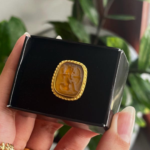 Julius Caesar Roman Signet Ring, Glass Intaglio Coin Ring, 24K Gold ...