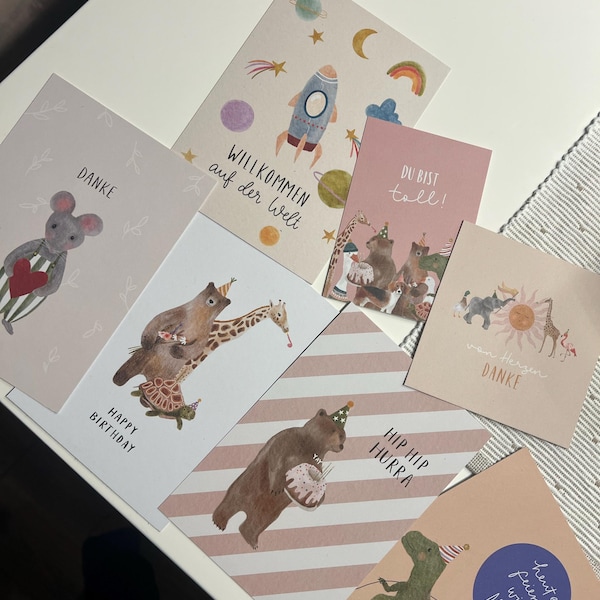 Karte zur Geburt / Geburtstag Aquarell Gänse Familie / Wie schön dass ...