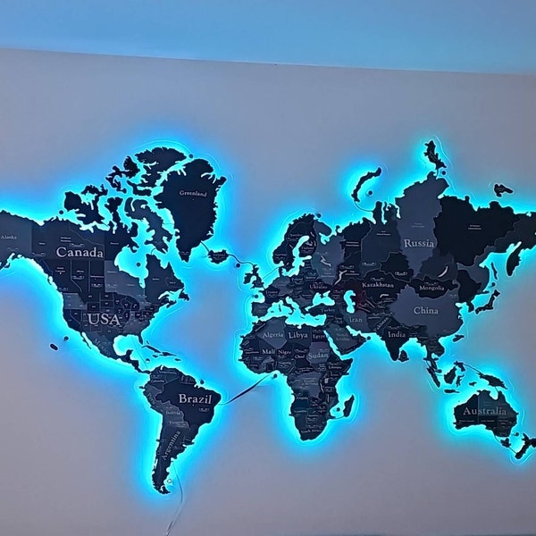 Led 3D Wall Map Art, Led Wall Art, Apartment Decor, World Map With LED Lighting, Illuminated ...