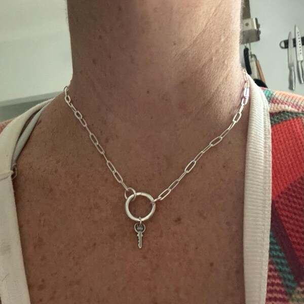 Sterling Silver Carabiner Charm Necklace 1.4mm Dainty Rolo Chain Charm ...