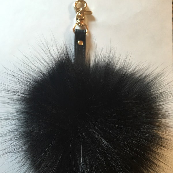 Real Black Fox Fur Keychain Keyring Pompom With Genuine Leather Strap ...
