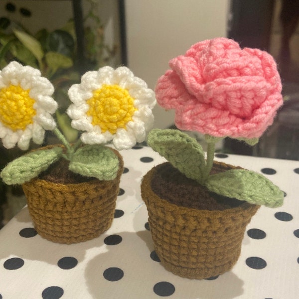 Crochet Small Flower in Pot Crocheted Rose/ Heart/ Daisy/ Sunflower ...