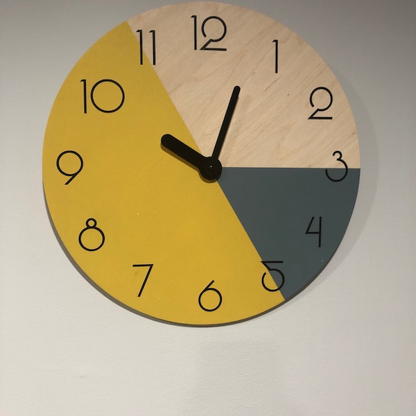 Minimalist Wall Clock With Numbers Large Wooden Clock Mustard and Gray ...