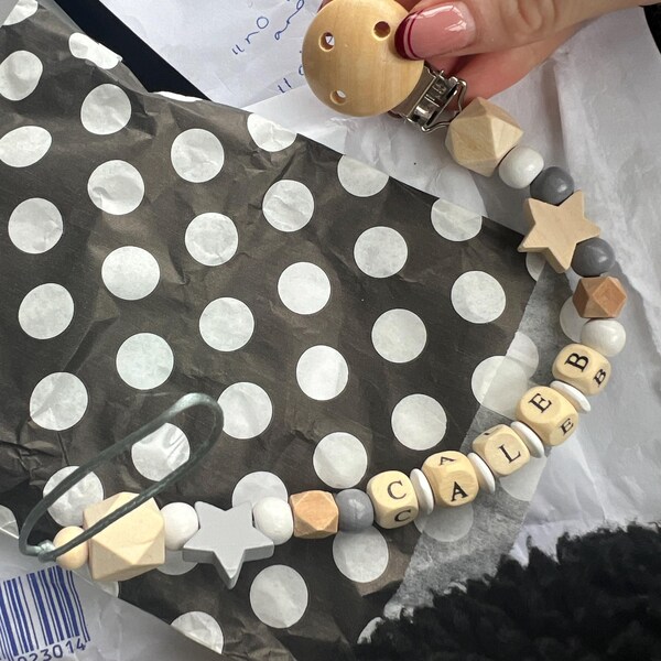 Beautiful Handmade Personalised Dummy Clip, Wooden Dummy Chain, Wooden ...