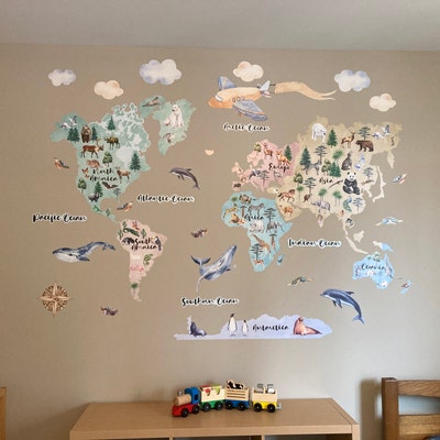 Kids Map Wall Decal Watercolor Kids World Map Wall Sticker - Etsy