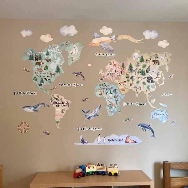 Kids Map Wall Decal Watercolor Kids World Map Wall Sticker - Etsy