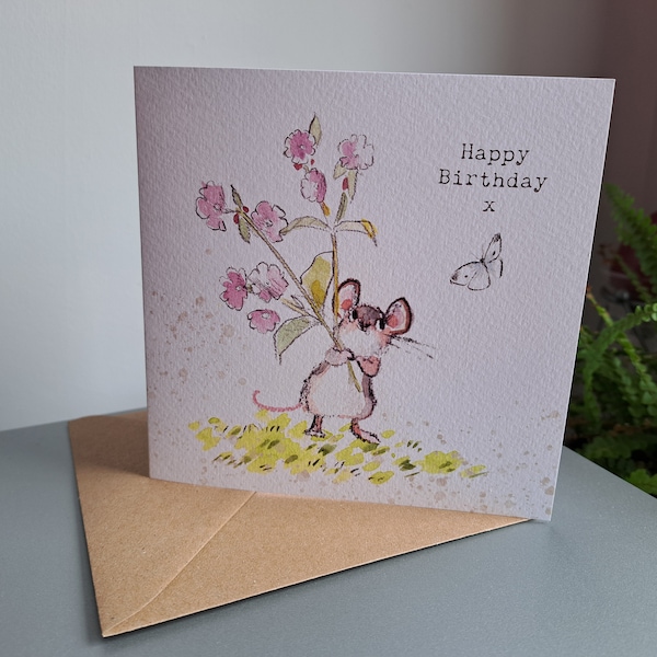 Mouse Birthday Card - Charming Illustration - Mouse With Flowers and ...